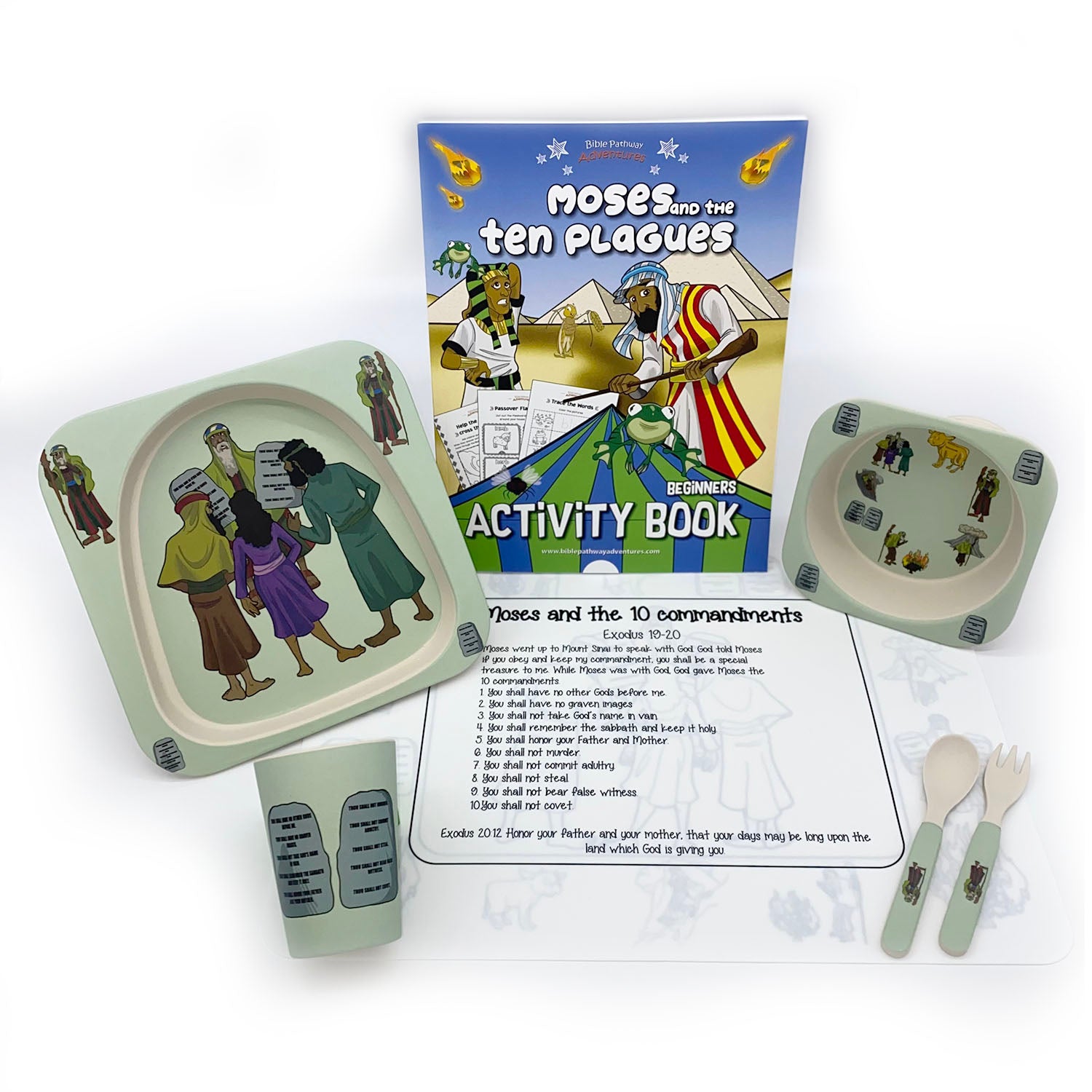 Kids Bible Tableware Set & Activity Book Bundle - Moses 10 Commandments ...